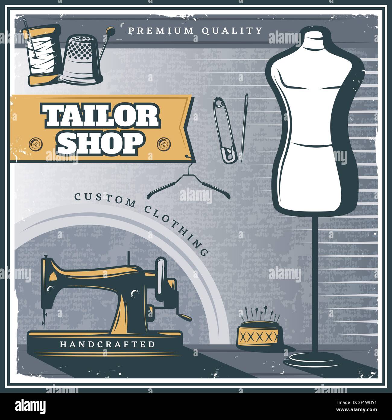 Vintage tailor shop poster with sewing machine mannequin equipment ...