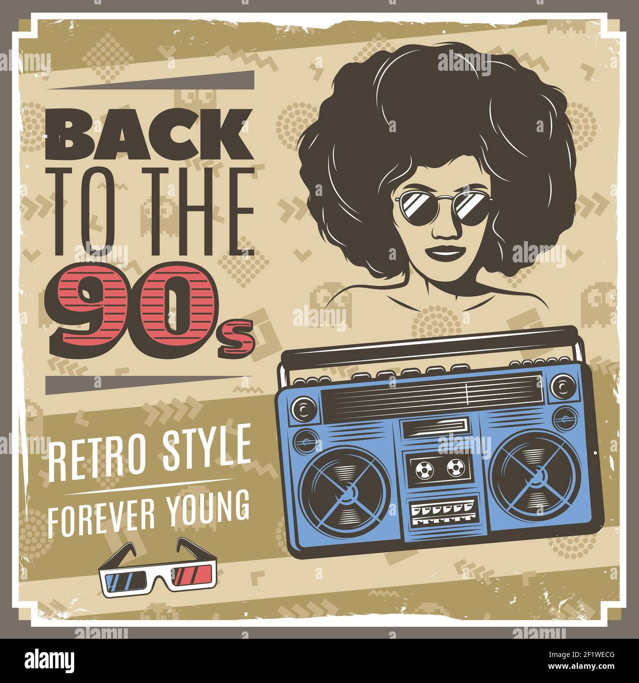 Vintage 90s style poster with disco woman in sunglasses and boombox on ...