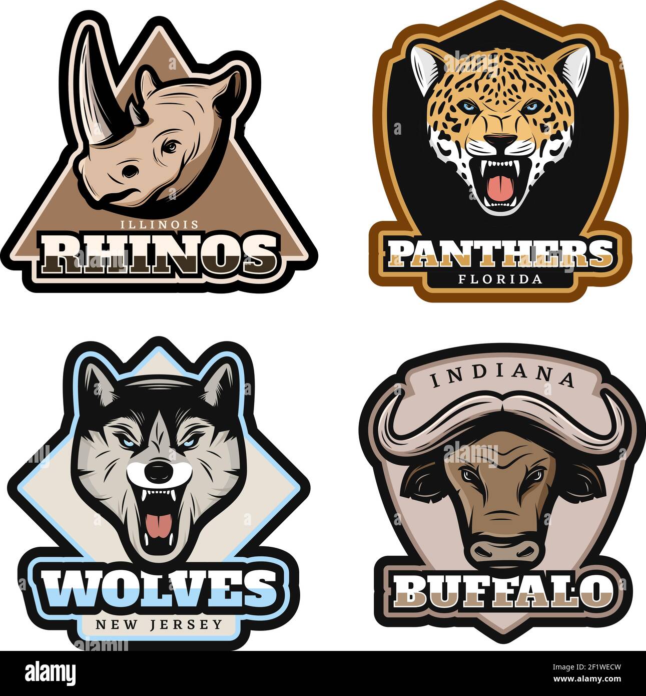 Vintage colorful animals emblems set with rhino panther wolf and ...