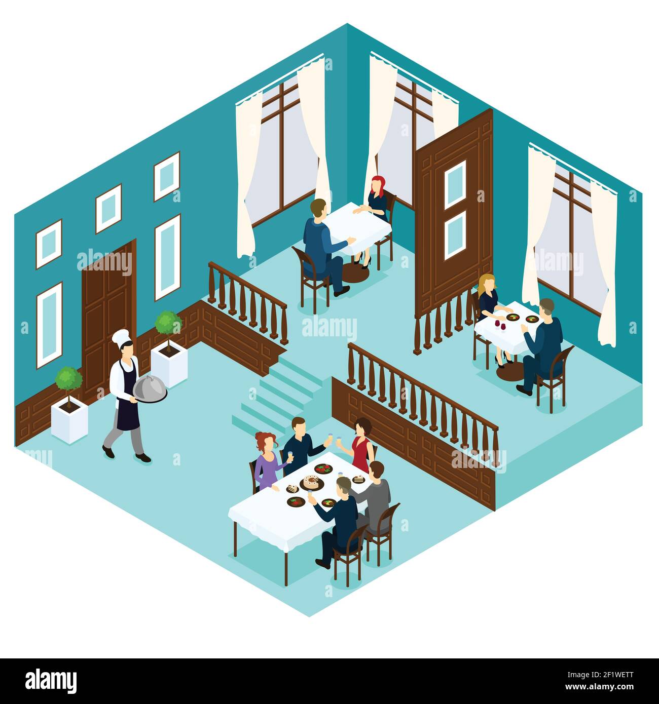 Isometric restaurant dining room concept with visitors sitting at ...