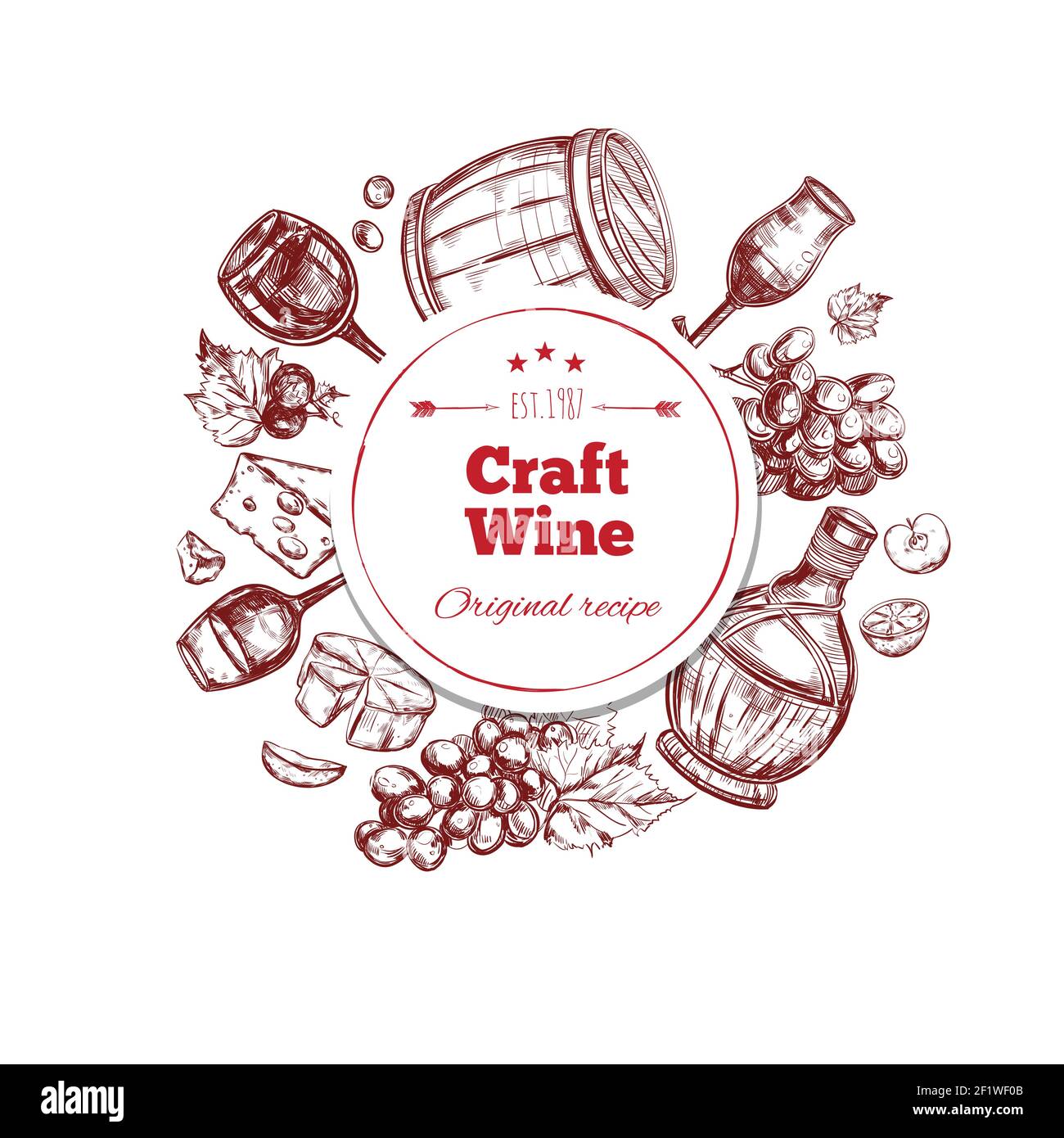 Red wine craft production concept with ingredients barrel bottle and ...