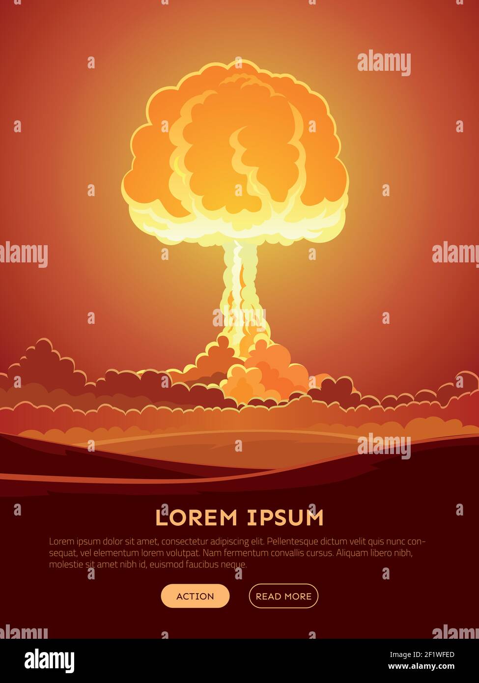 Bright nuclear explosion poster with light mushroom cloud and smoke ...