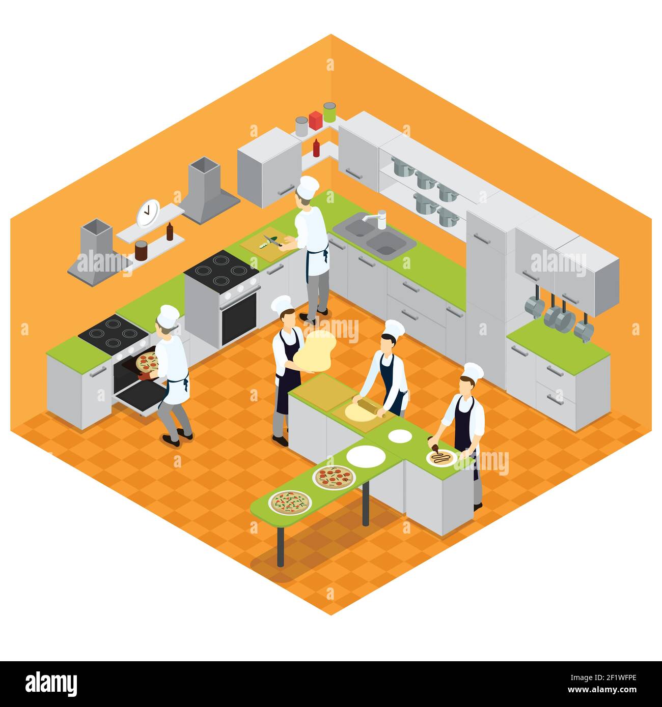 Isometric italian restaurant kitchen concept with furniture utensil and ...