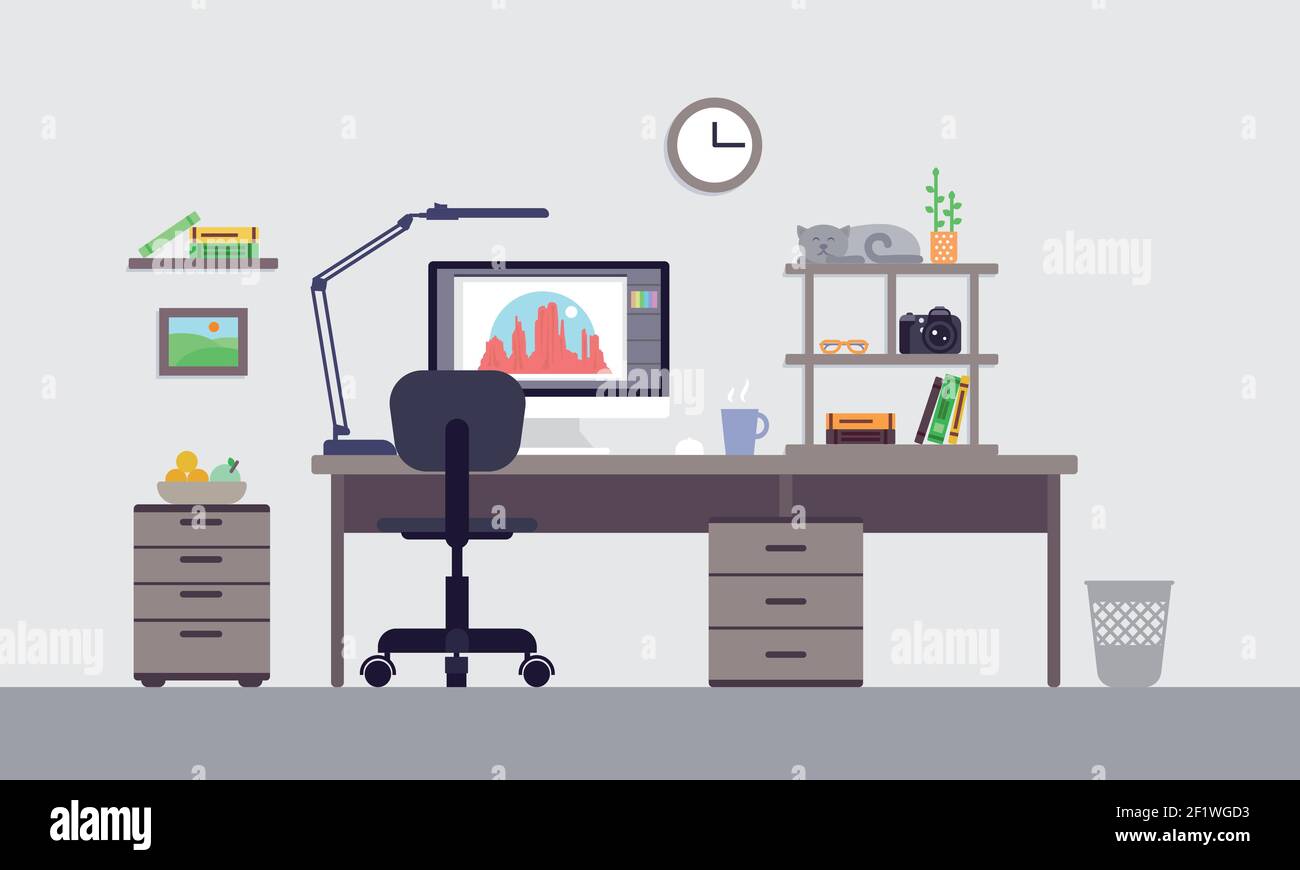 Colorful designer workspace concept with interior elements equipment ...