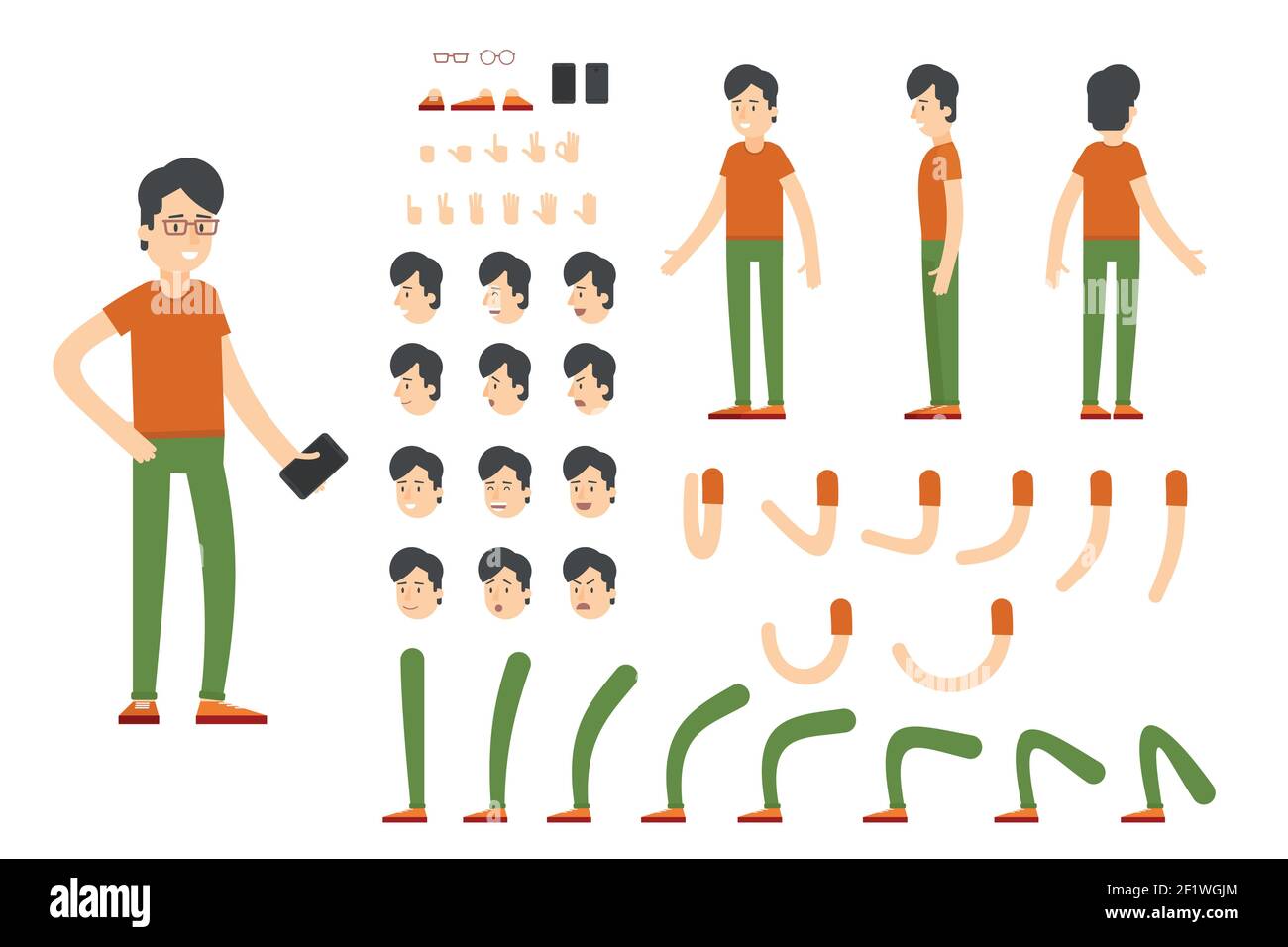Flat character creation set with different emotions leg hand positions ...