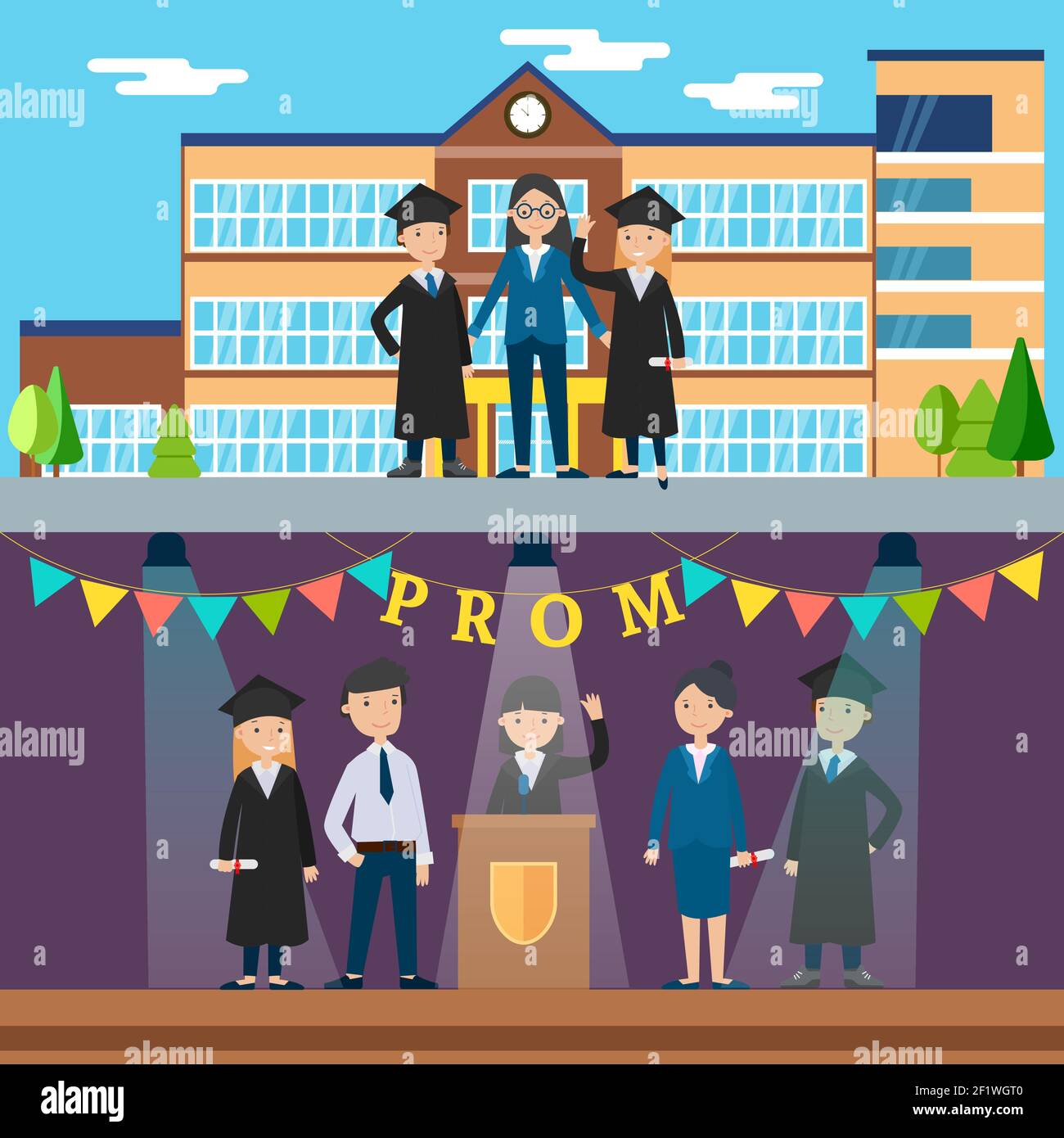 Colorful education horizontal banners with graduated students near ...