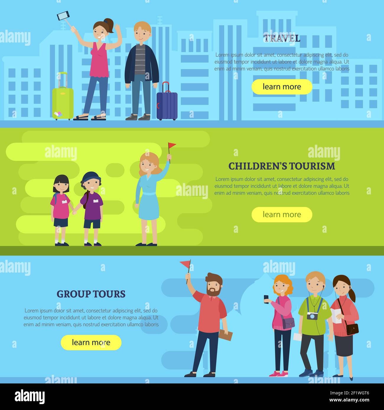 Traveling people horizontal banners with tourists visiting different ...