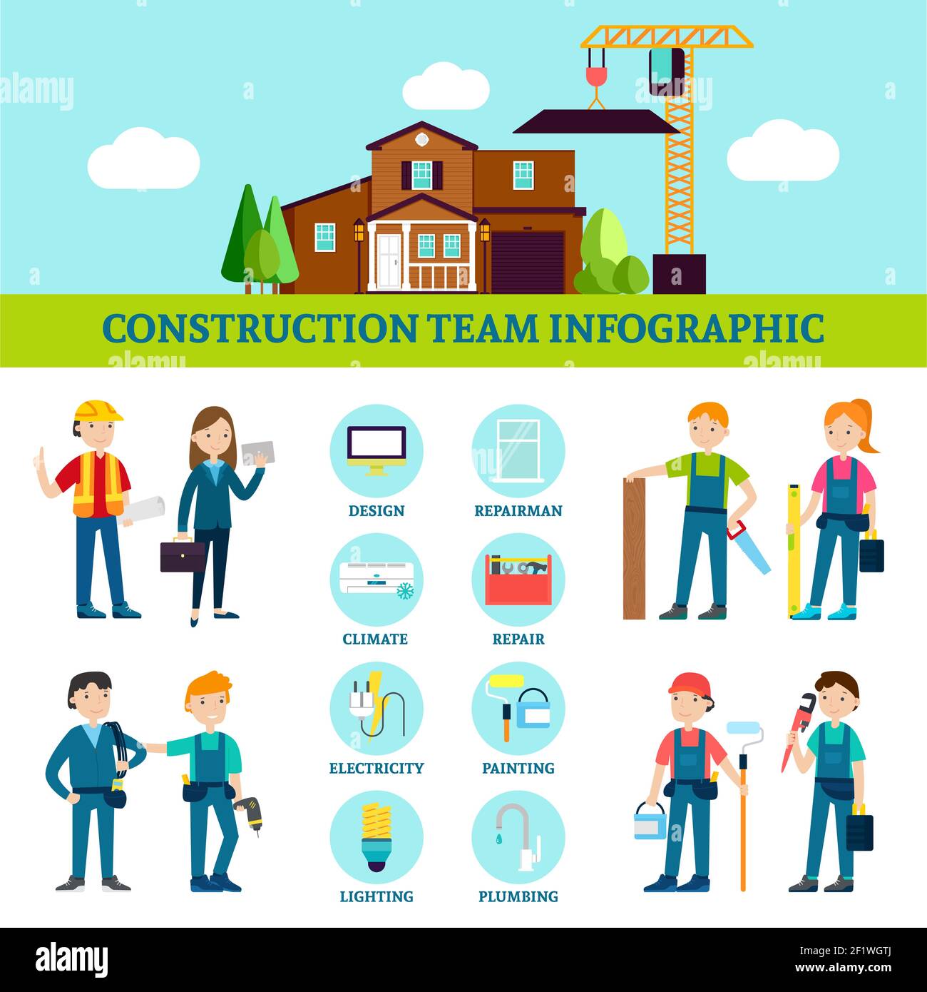 Construction team infographic template with house repair workers with ...