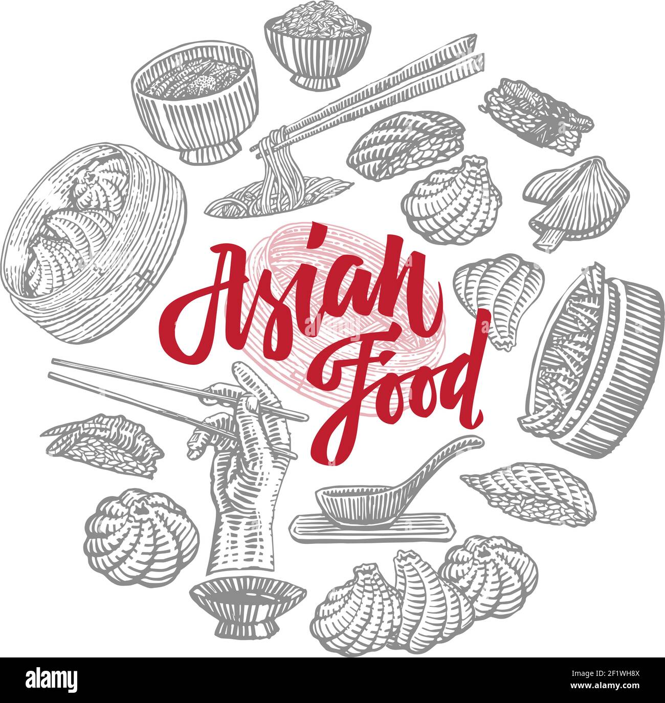 Sketch Asian food elements round composition with traditional meals of ...