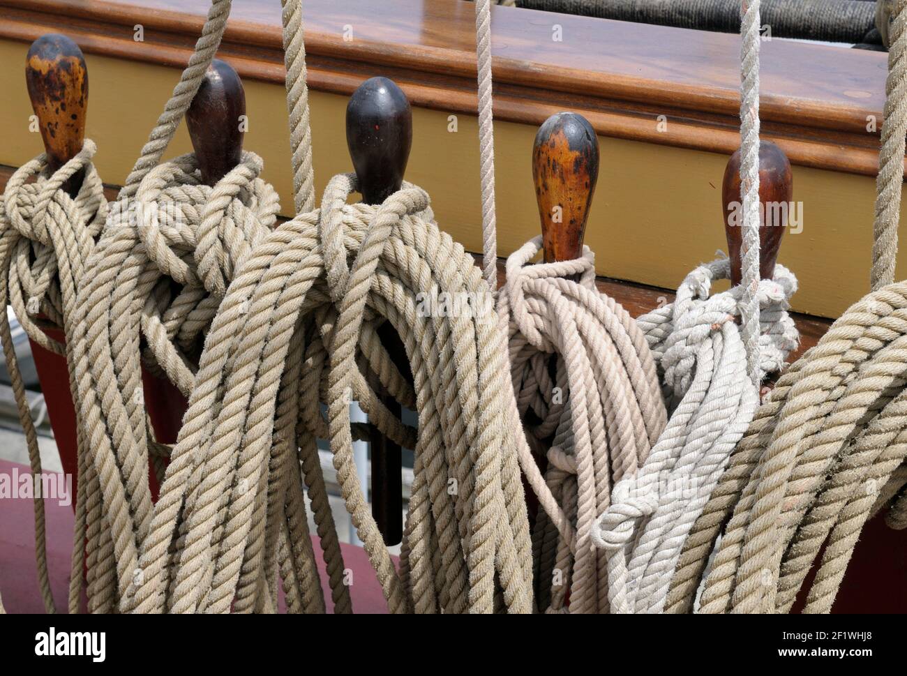 Rigging lines hung over wooden pegs on the HMS Bounty, a 180-foot (54 ...