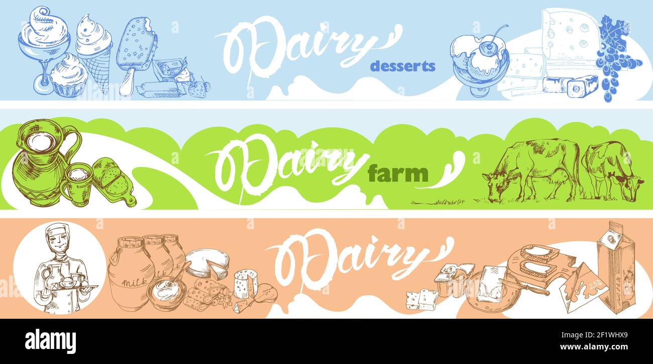 Hand drawn dairy horizontal banners with healthy farm milk sweet ...