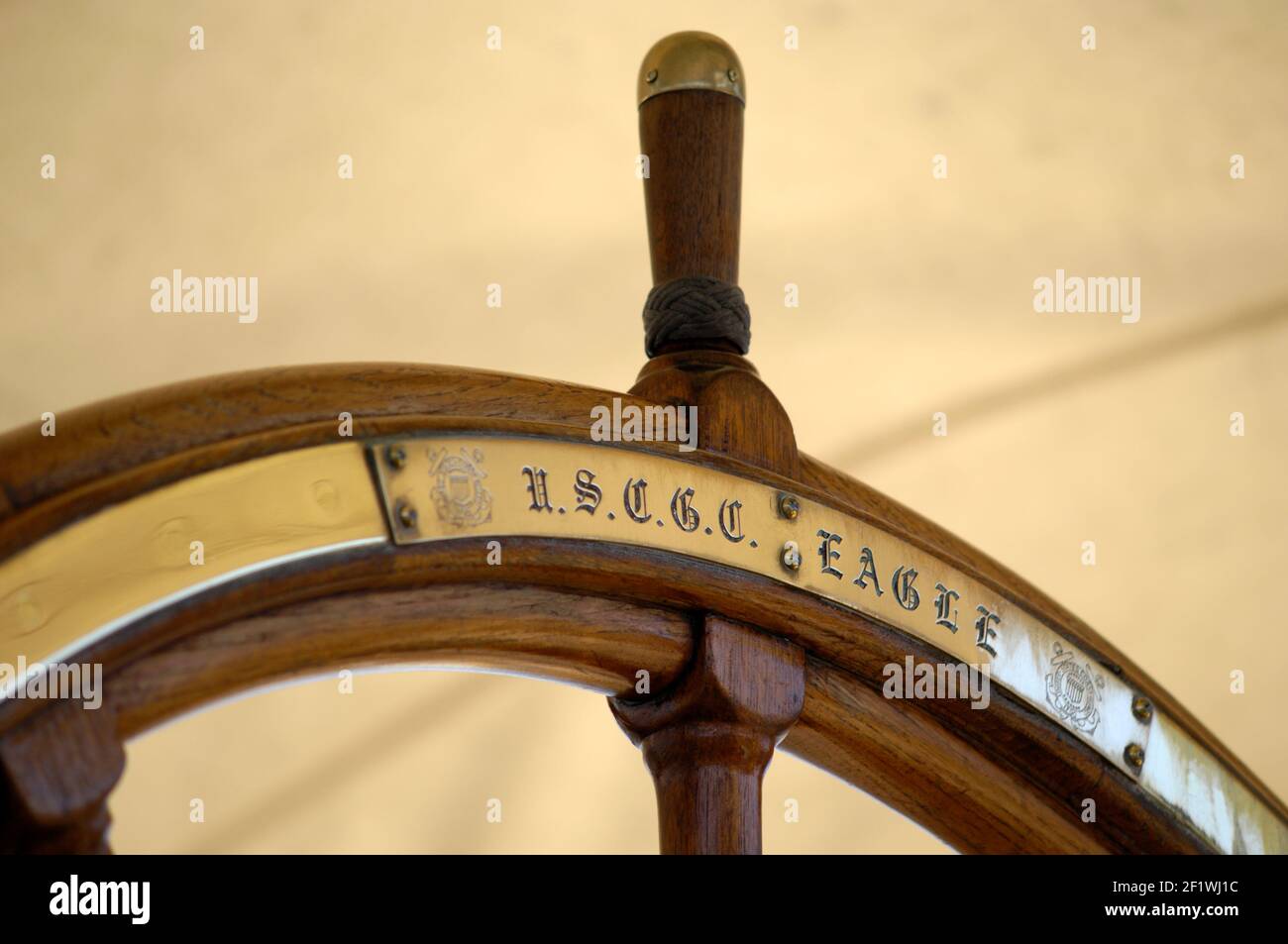 Brass and wood steering wheel on the USCG Eagle is a three-masted ...