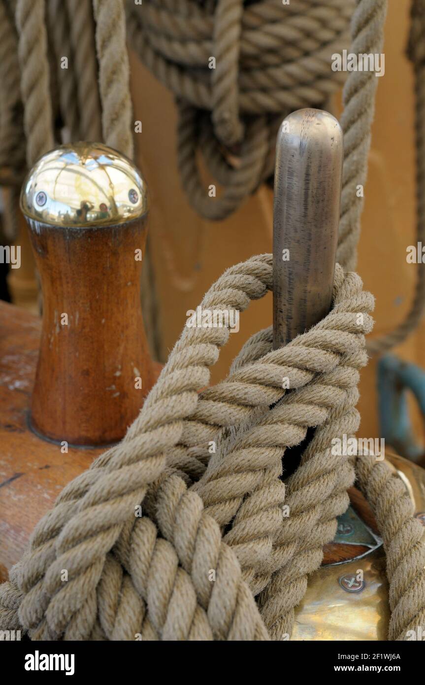 Rigging rope wrapped around a wooden peg on the USCG Eagle is a three ...