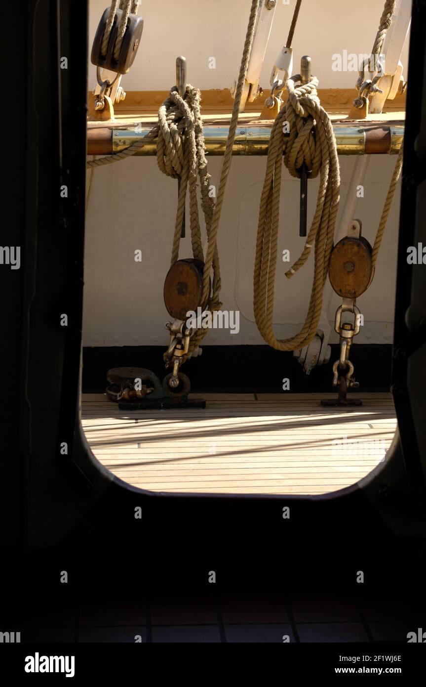 Rigging lines and blocks on the USCG Eagle, a three-masted sailing ...