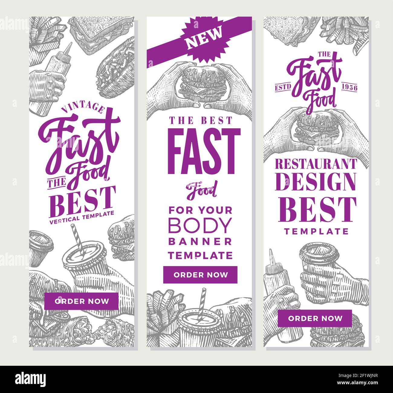 Vintage fast food vertical banners with burgers chips ketchup and ...