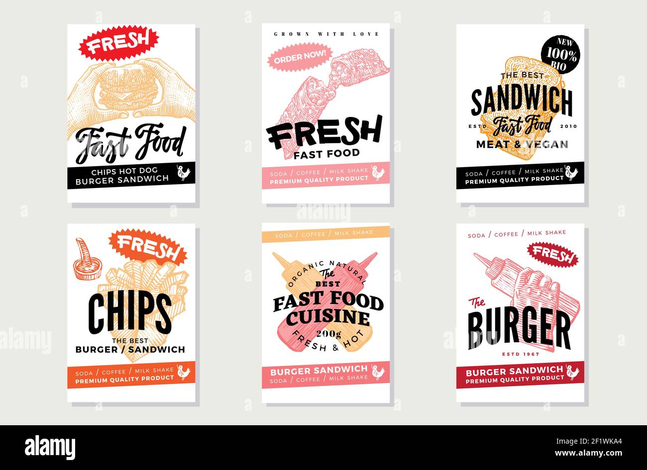 Hand drawn fast food posters with sandwiches snacks chips burgers ...