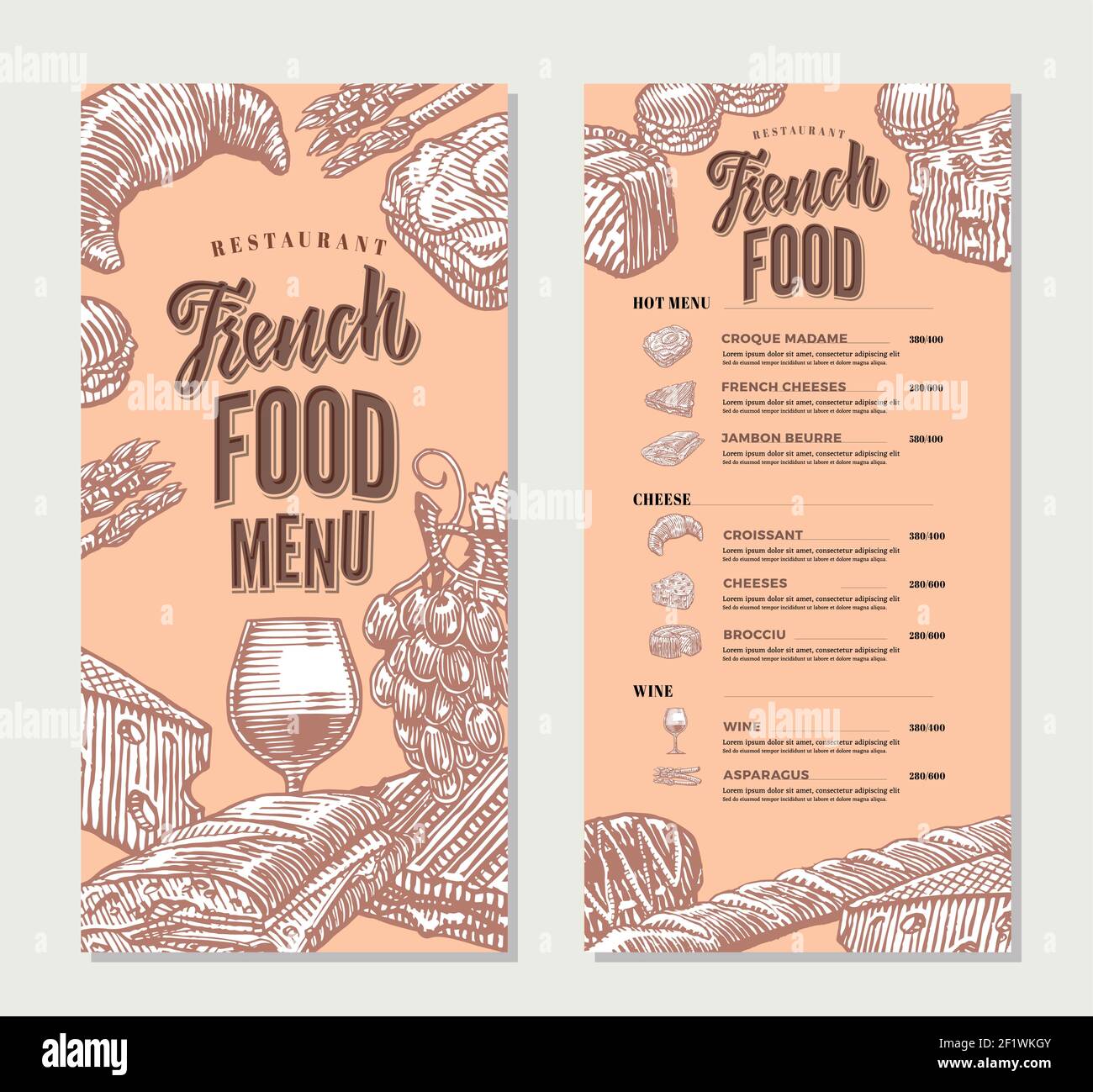 French food restaurant menu vintage template with main meals cheese ...