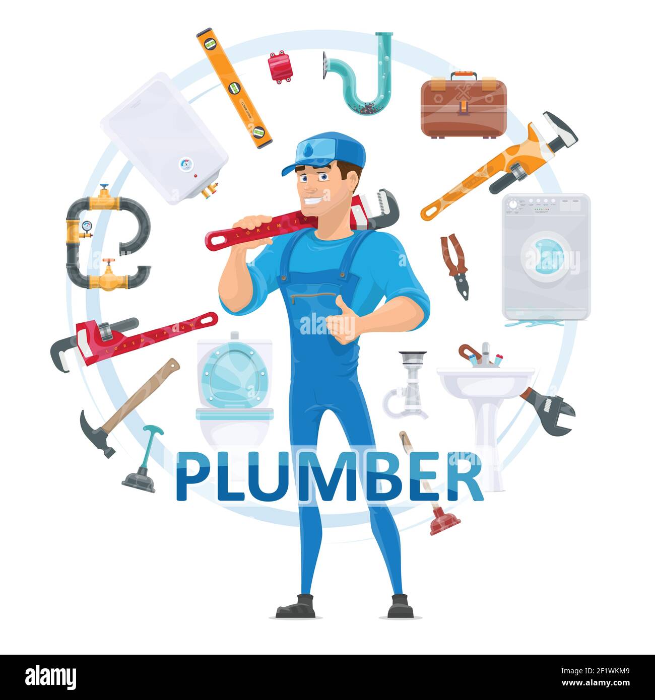 Colorful plumbing round concept with plumber repair tools equipment ...