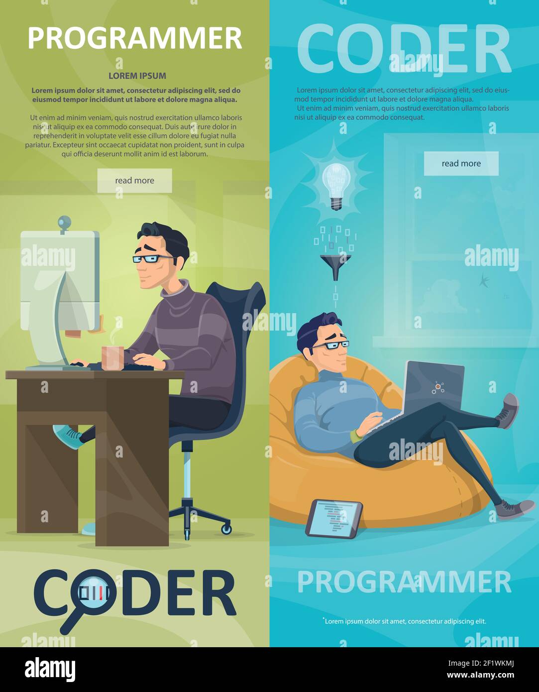Technology Programming Vertical Banners With Working Programmers Coding New Project At Home