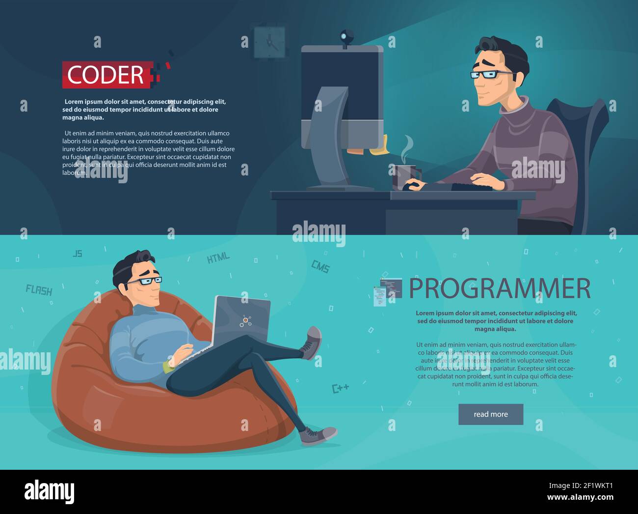 Freelance workplace horizontal banners with working programmers on laptops at home vector ...