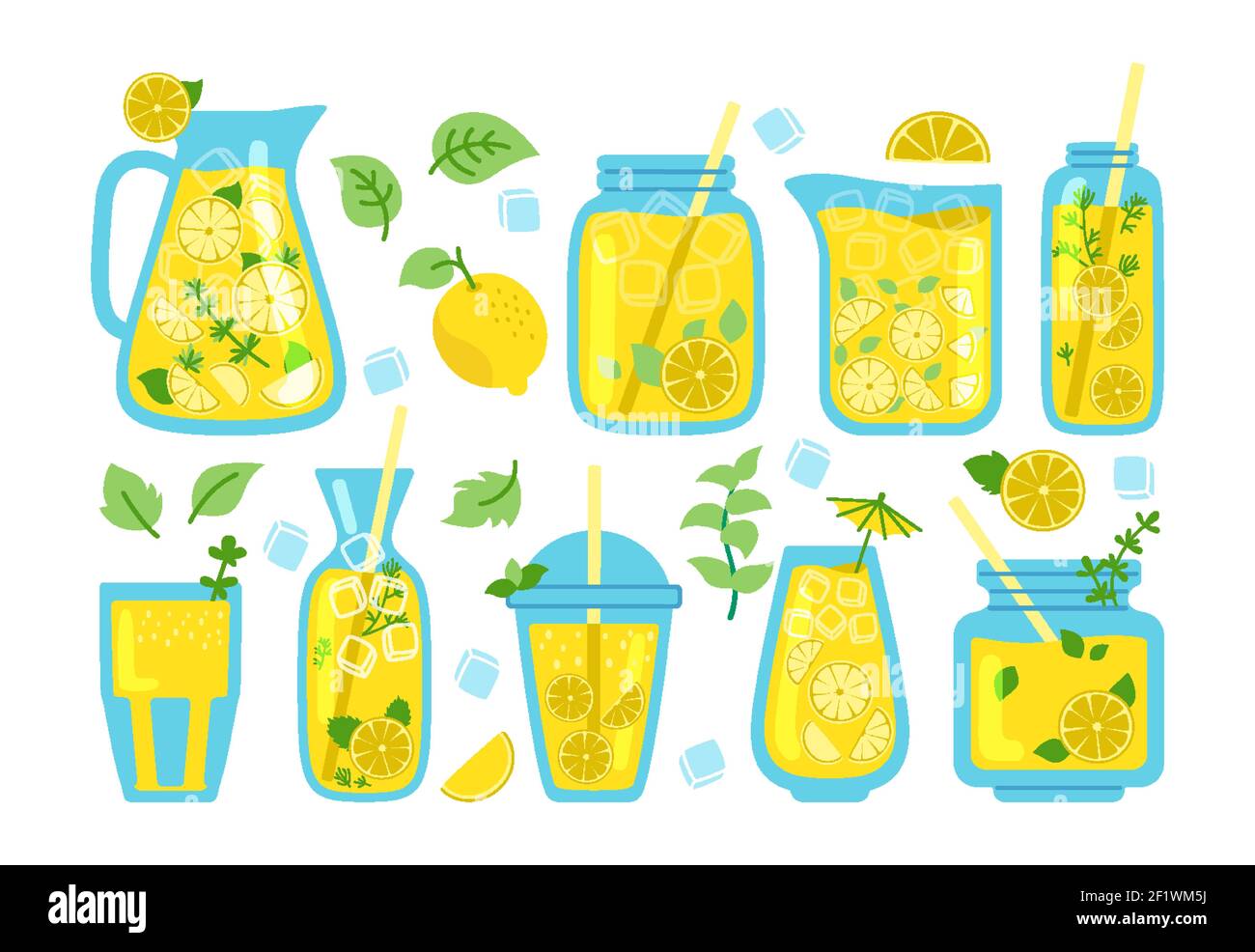 Lemonade in jar, mint cocktails cartoon set. Pitcher drinks with straw, lemon slice. Tropic ...