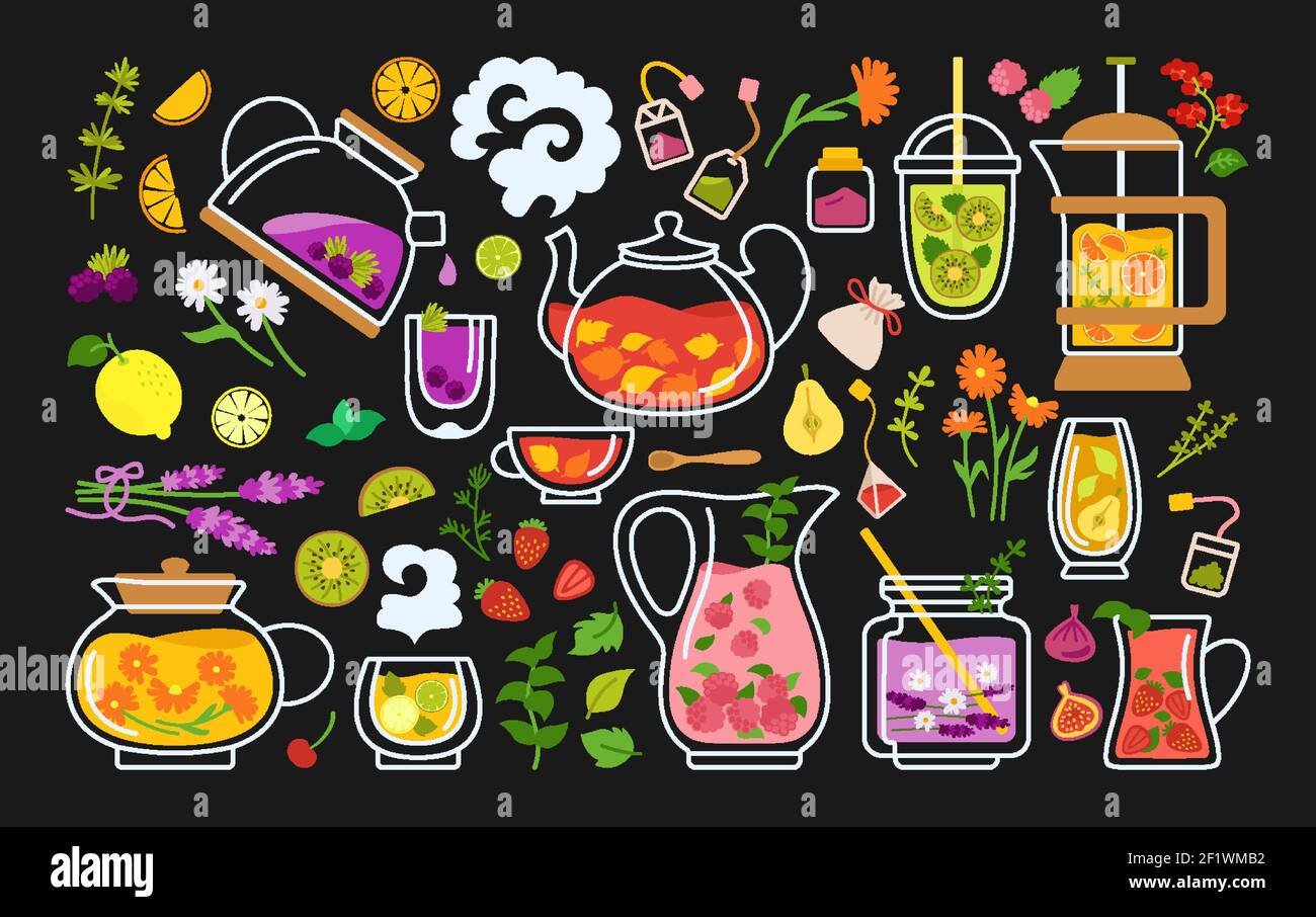 Cup of tea and cocktails cartoon set. Tea time glass mug teapot herbs ...
