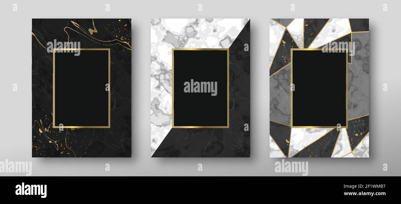 Luxury black marble texture card set. Vintage art deco gold frame on ...