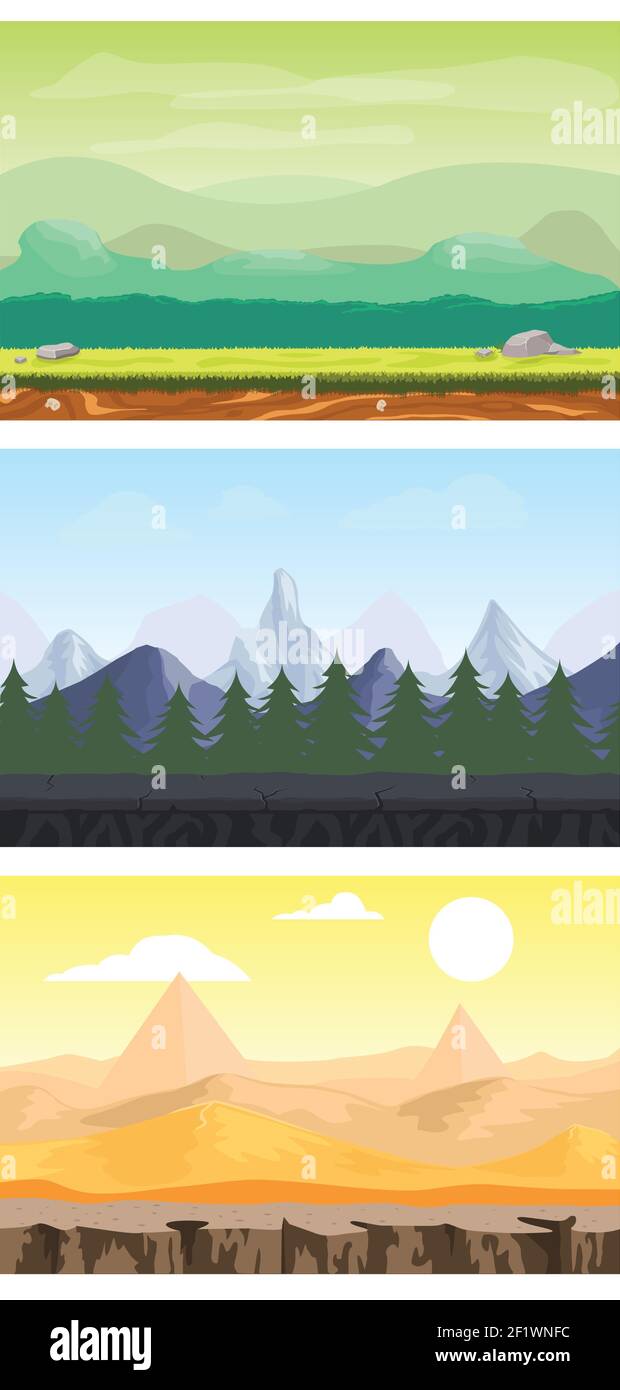 Fantasy game design landscapes set with meadow forest mountain and ...
