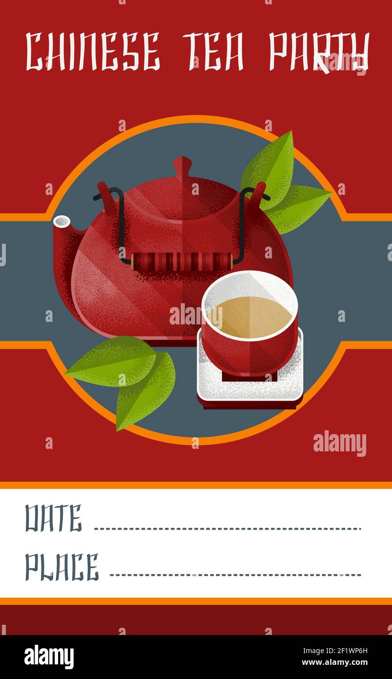 Chinese tea party invitation card template with red kettle and pialat ...