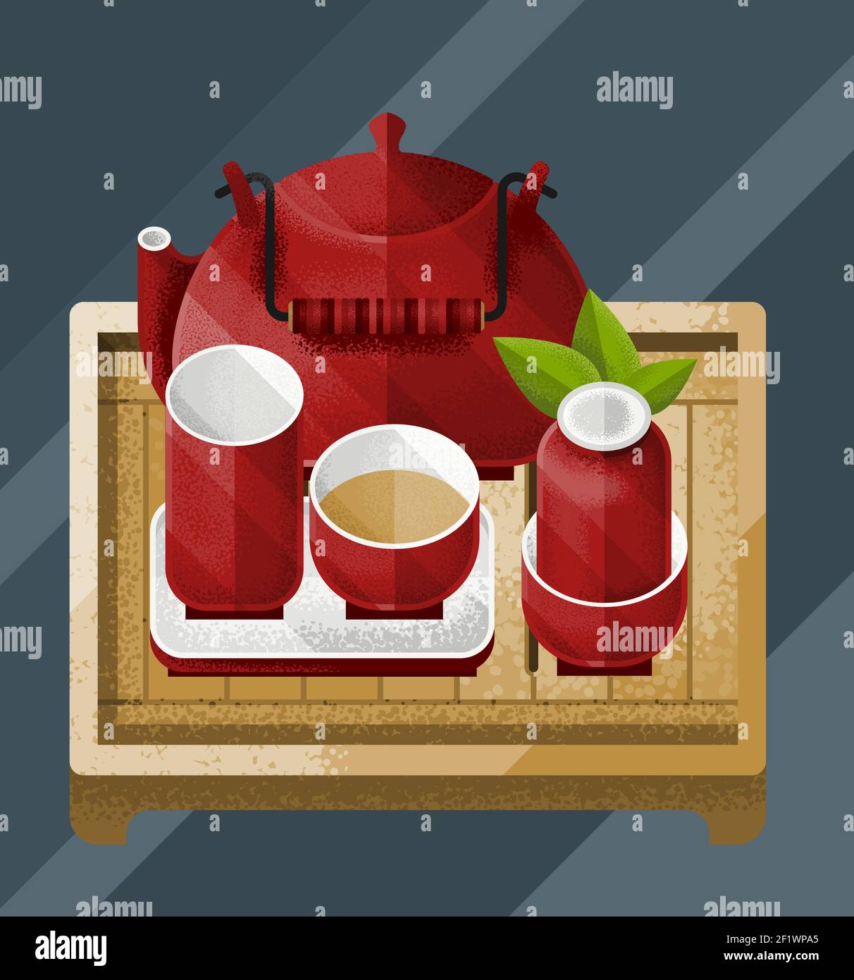 Colorful chinese tea table illustration with green leaf red kettle and ...