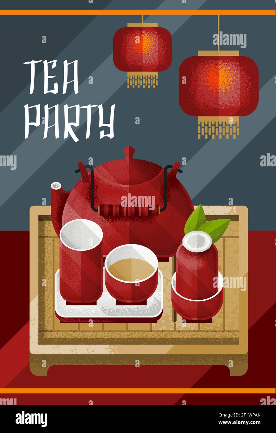 Colorful traditional tea ceremony template with red lamps kettle and ...