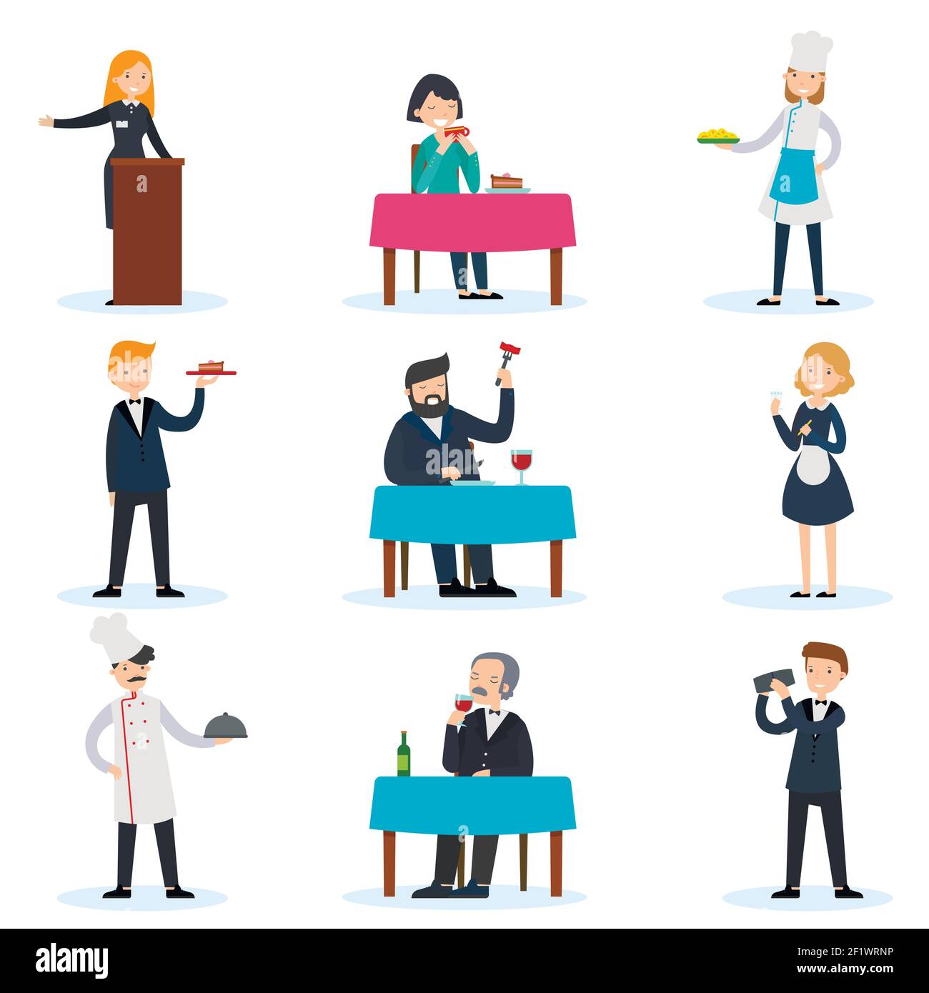 People in restaurant set with administrator chef cook waiter waitress ...