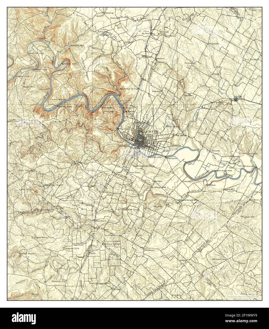 Austin, Texas, map 1896, 1:125000, United States of America by Timeless ...