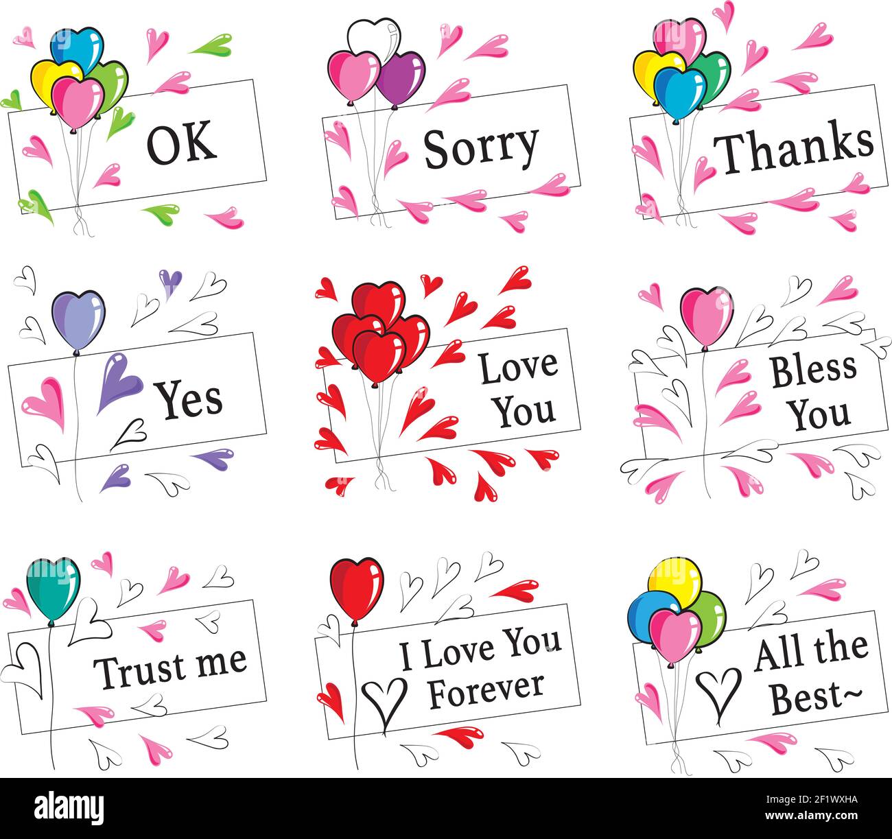 balloons and heart shapes greeting card set Stock Photo - Alamy