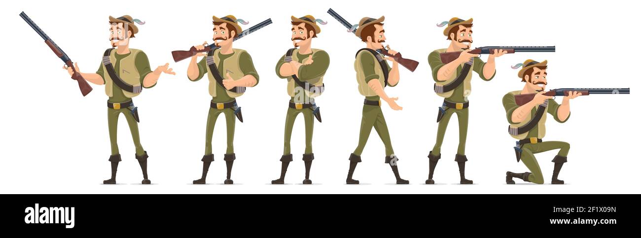 Smiling hunter characters collection in various poses with shotgun ...