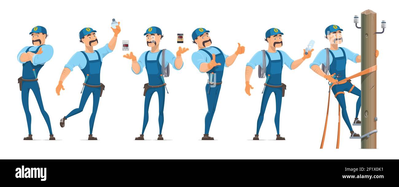 Colorful electrician characters set in different poses with ...