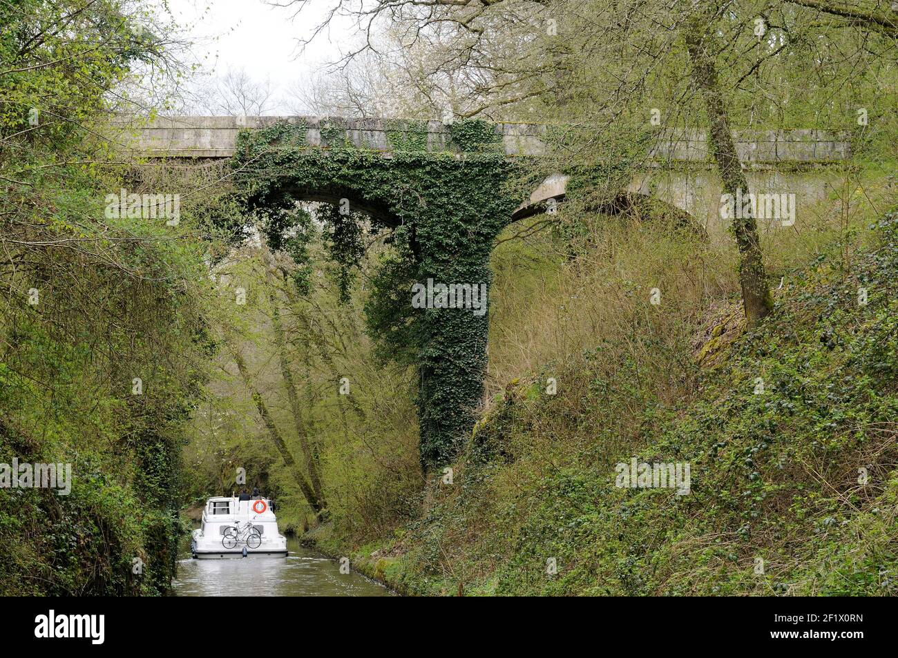 Old ivy covered bridge over the Nivernais Canal, Burgundy, France Stock ...