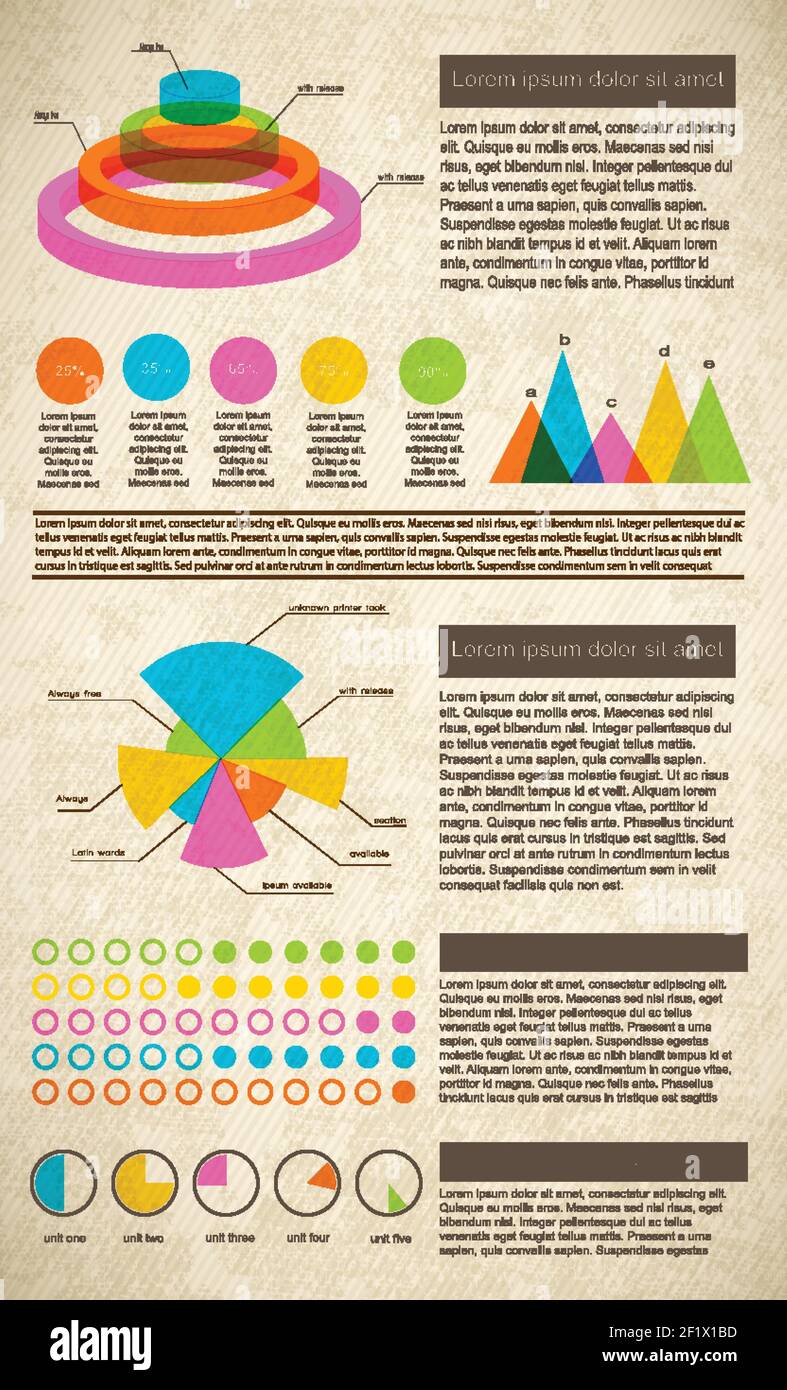 Vintage infographics set in bright colors with diagrams text fields and ...