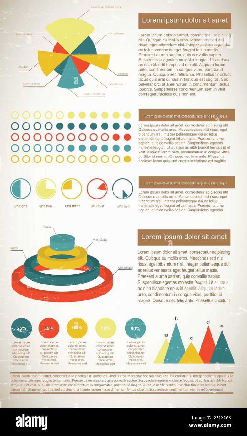 Flat vintage infographics elements in bright colors showing statistics ...