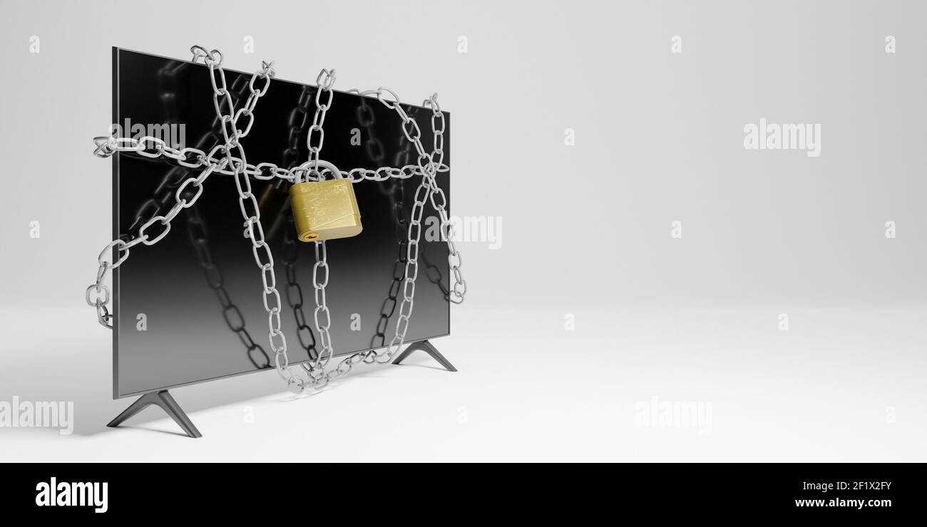Modern flat television with chains tangled in it and a padlock in front ...