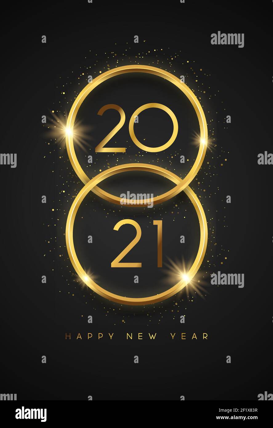 Happy New Year 2021 vertical greeting card illustration. Gold 3d ring ...