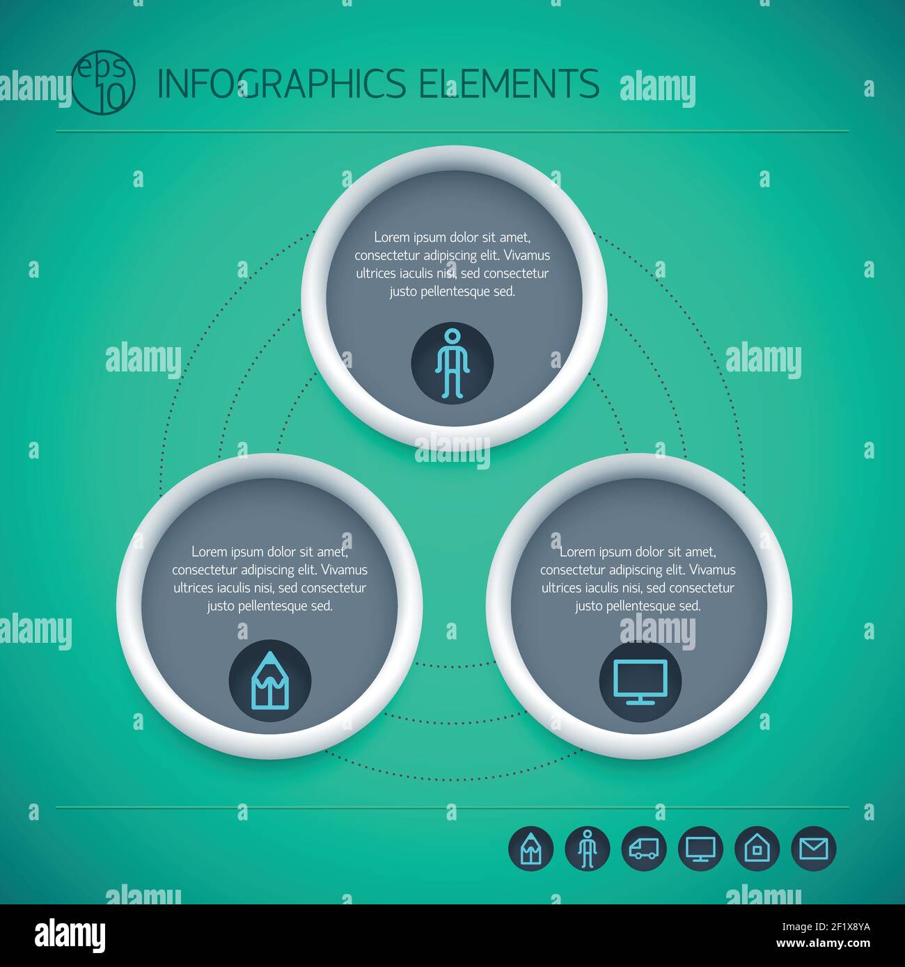 Abstract infographic elements with circles text three options and icons on green background ...