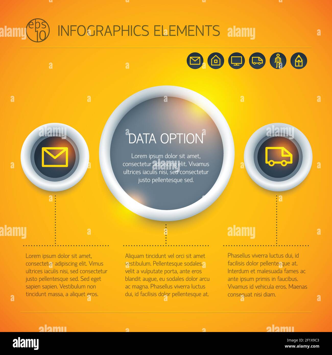 Digital business infographic concept with circles text envelope truck ...
