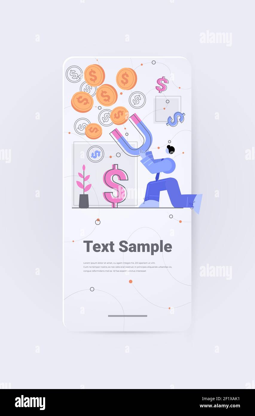 businessman holding big magnet business man attracting money coins ...