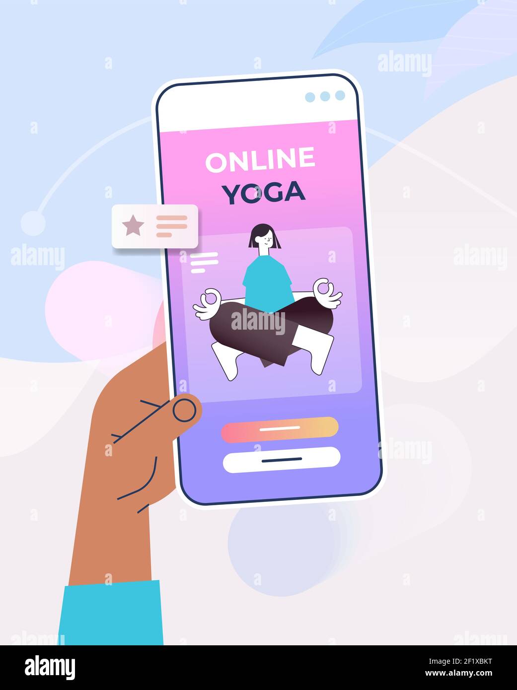 human hand using mobile fitness app woman sitting lotus pose on ...