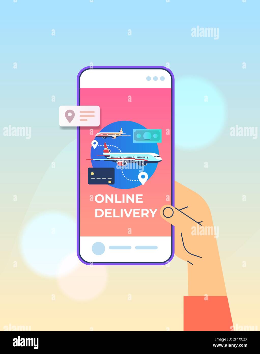 human hand using mobile app for ordering goods by airplane fast ...