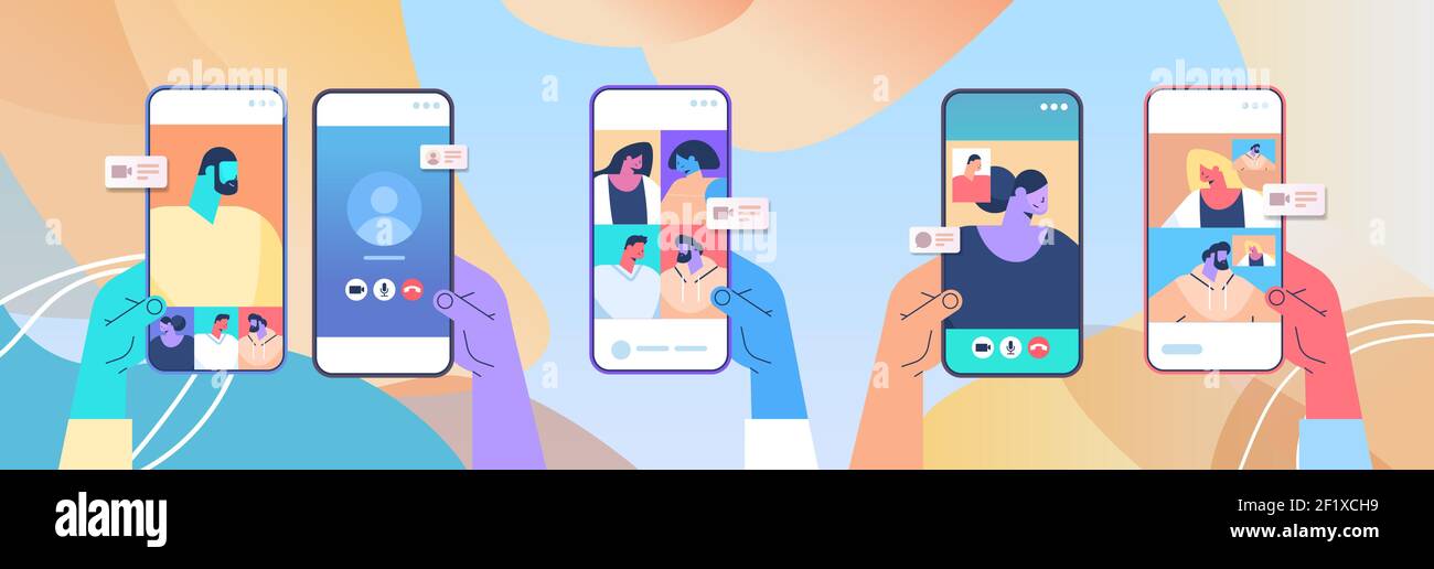 human hands using mobile app for virtual conference meeting friends ...