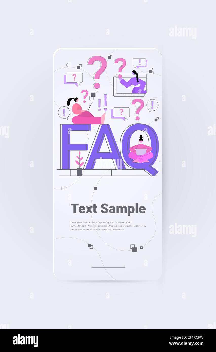 businesspeople ask questions and receive answers near FAQ word online support center frequently ...
