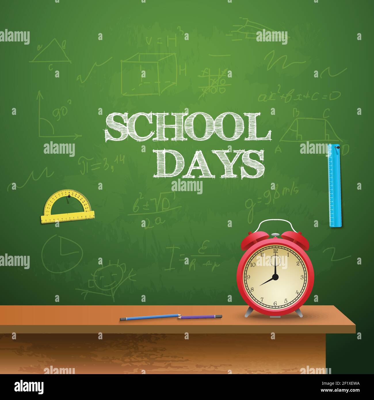 Back to school concept with clock protractor ruler pencils table sketch ...