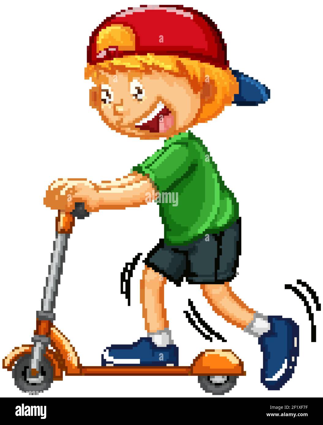 A boy riding a scooter cartoon character on white background ...